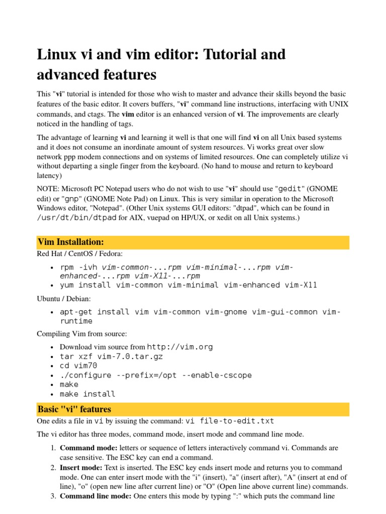 Linux Vi And Vim Editor Tutorial And Advanced Features Pdf Command Line Interface Cursor
