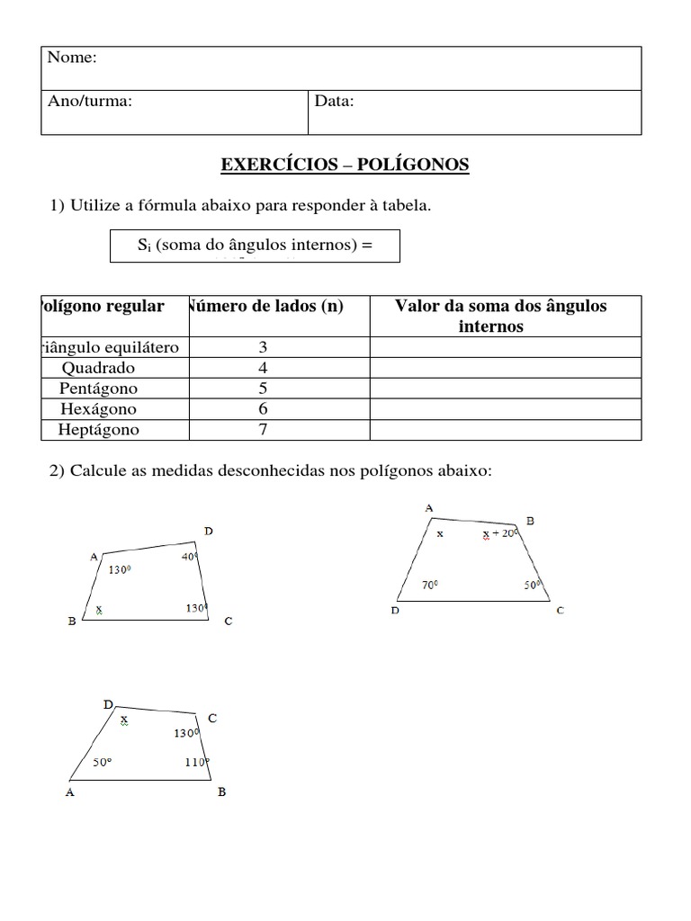 8o Ano - Exercício - Polígonos | PDF | Métodos e Materiais de Ensino