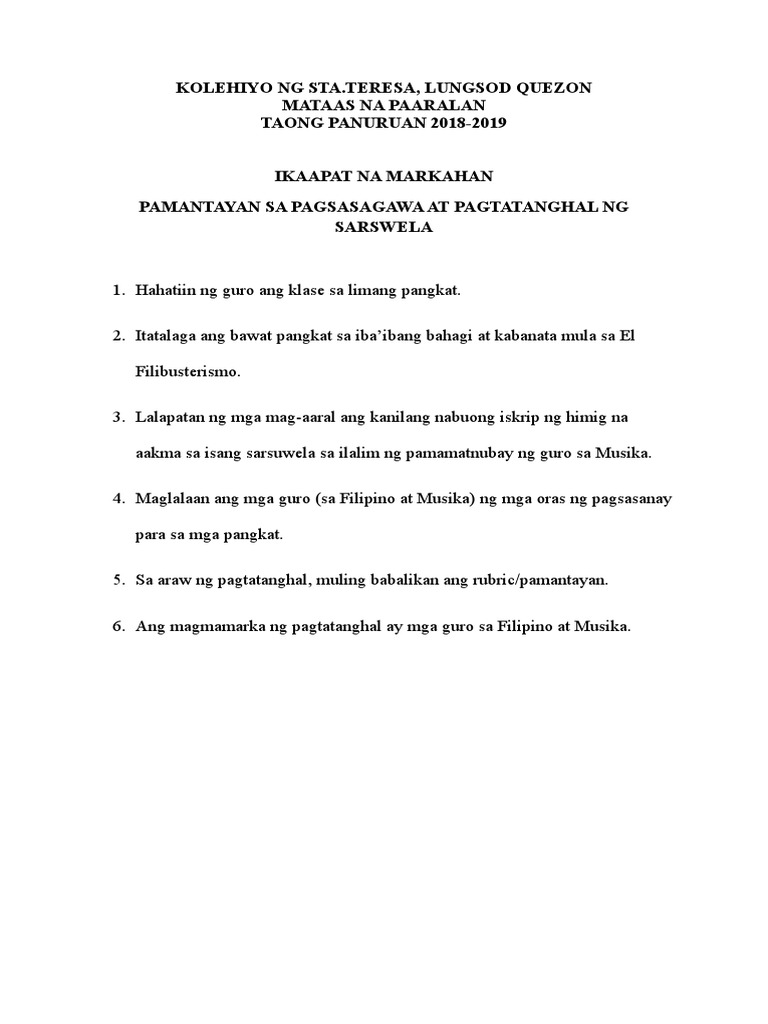 Fil 10 - PAMANTAYAN SA PAGSASAGAWA NG SARSWELA | PDF