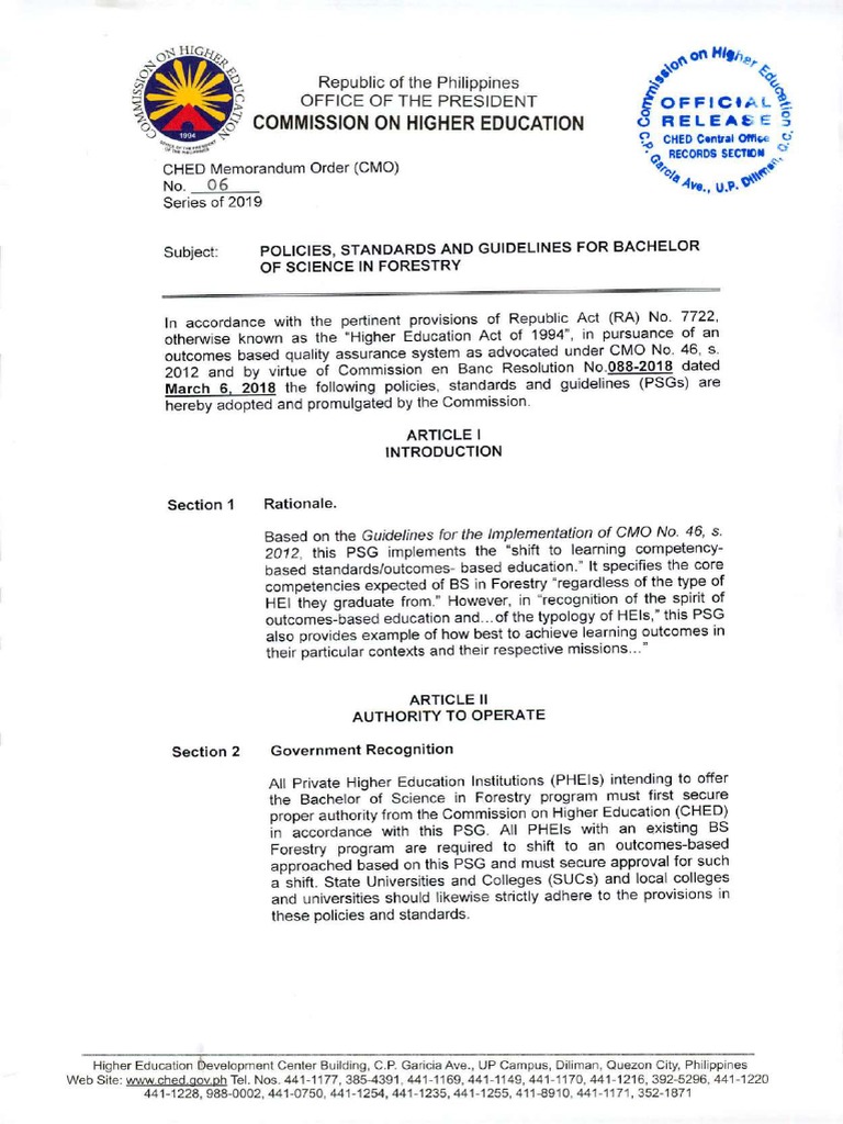 CMO 06 S. 2019 Policies Standards and Guidelines For BS Forestry PDF | PDF