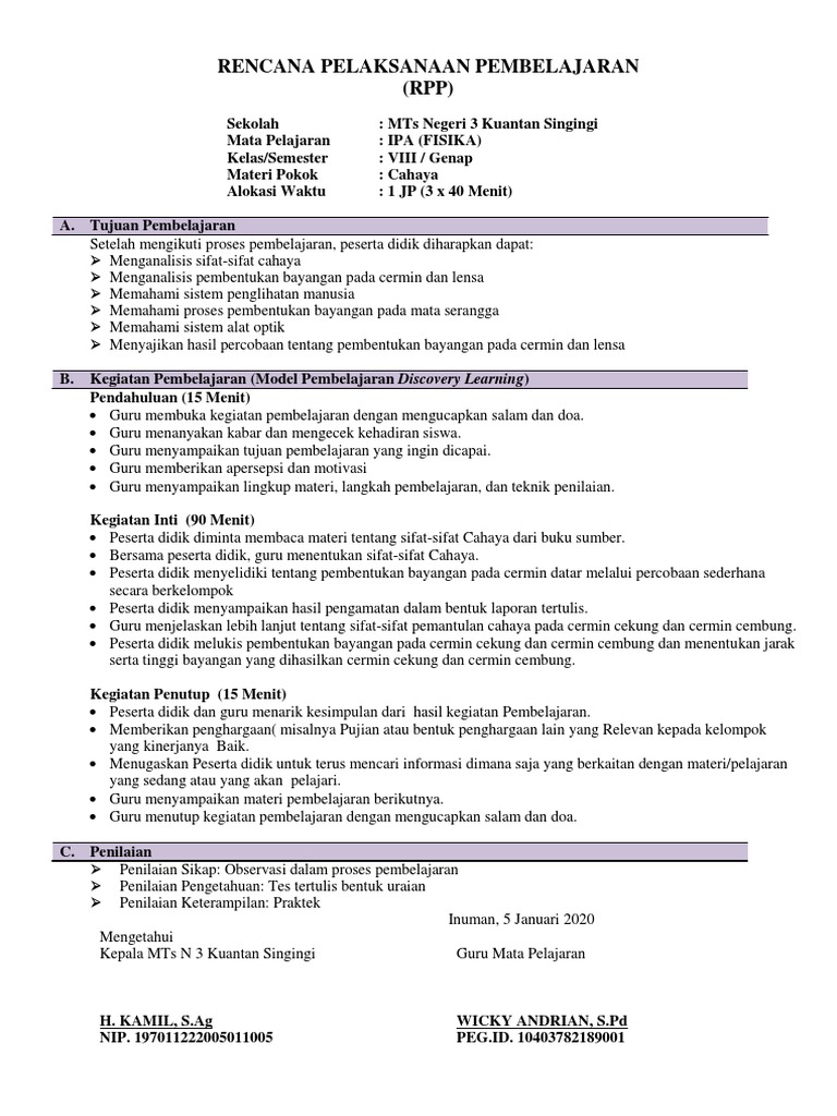 RPP 1 LBR Kls 8 Sem 2 Cahaya & Alat Optik | PDF