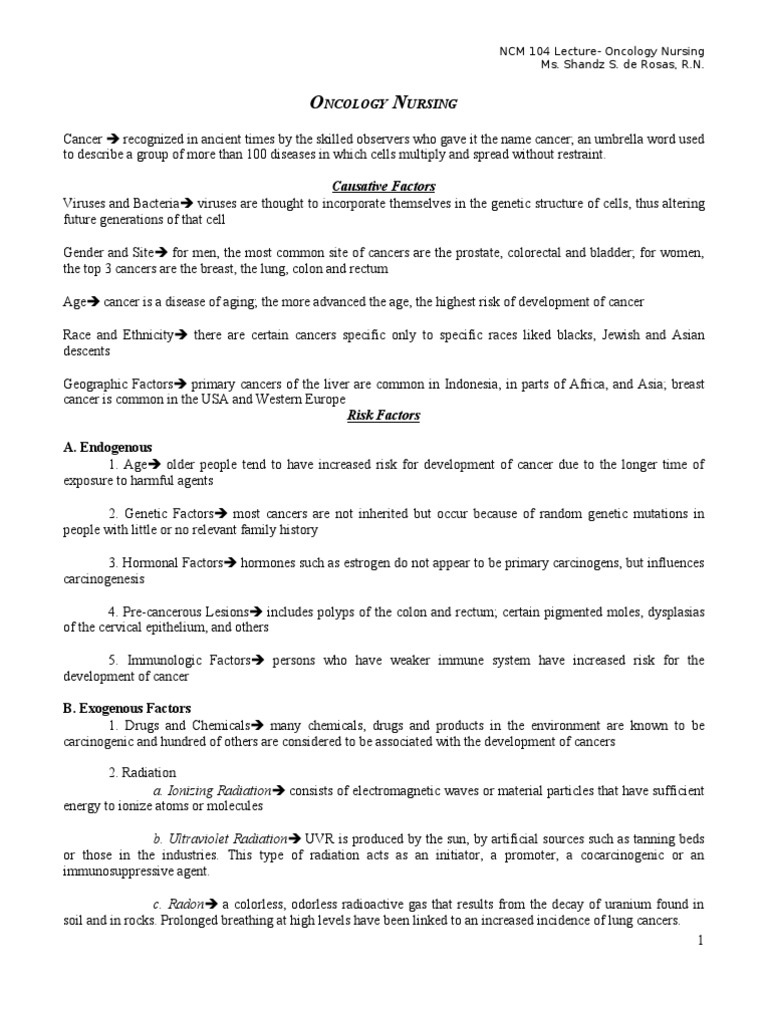 Oncology Nursing Handouts | PDF | Metastasis | Cancer