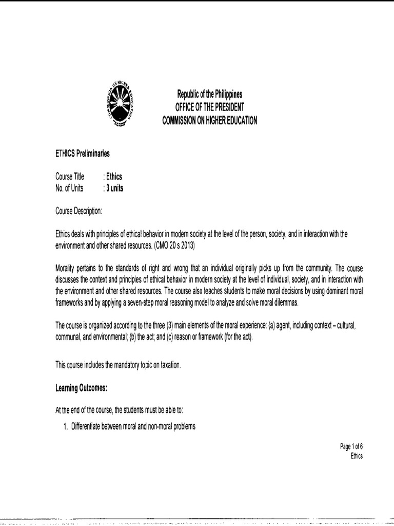 Ethics - CHED Sample Syllabus | PDF