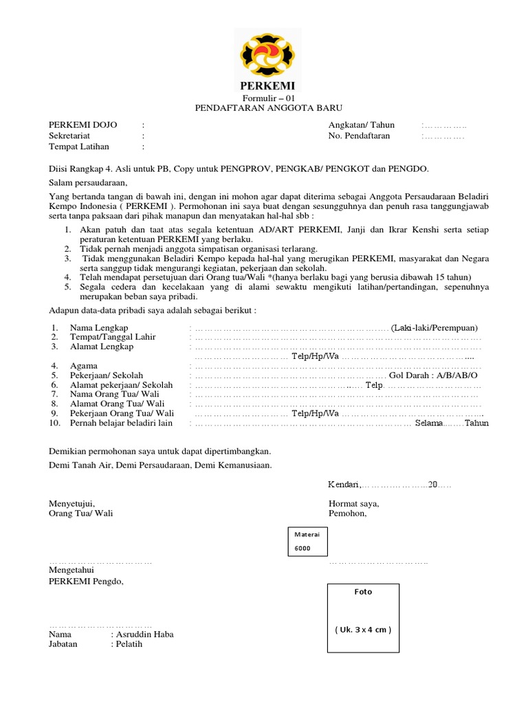 Pendaftaran Anggota PERKEMI Dojo | PDF
