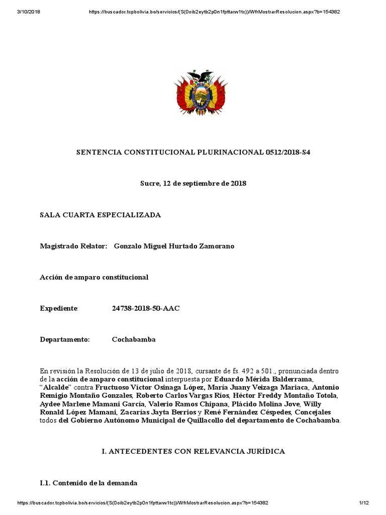 SCP 0512 2018 S4 (Bolivia) | PDF | Caso de ley | Sentencia (ley)