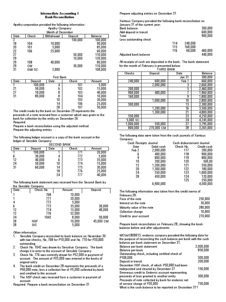 Bank Reconciliation Problems | PDF | Debits And Credits | Banks