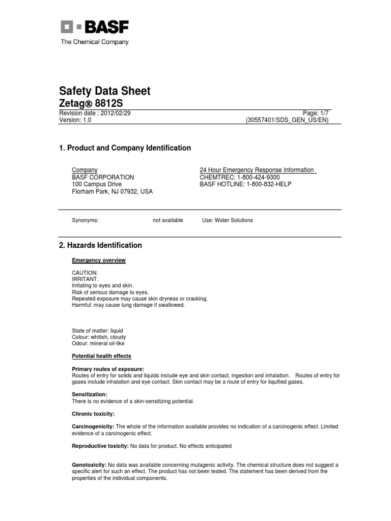 Zetag 8812S (MSDS) | PDF | Personal Protective Equipment | Toxicity