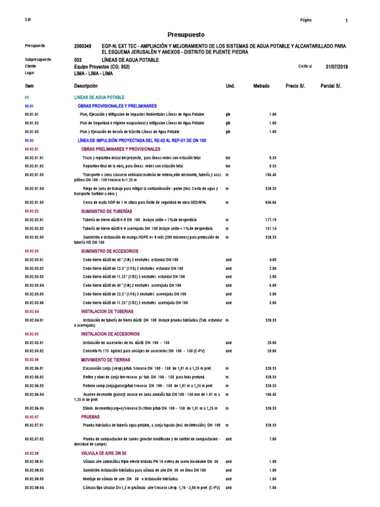 03.00 Formato de Metrado Base Lineas de Agua Potable | PDF | Tubería (transporte de fluidos) | Agua