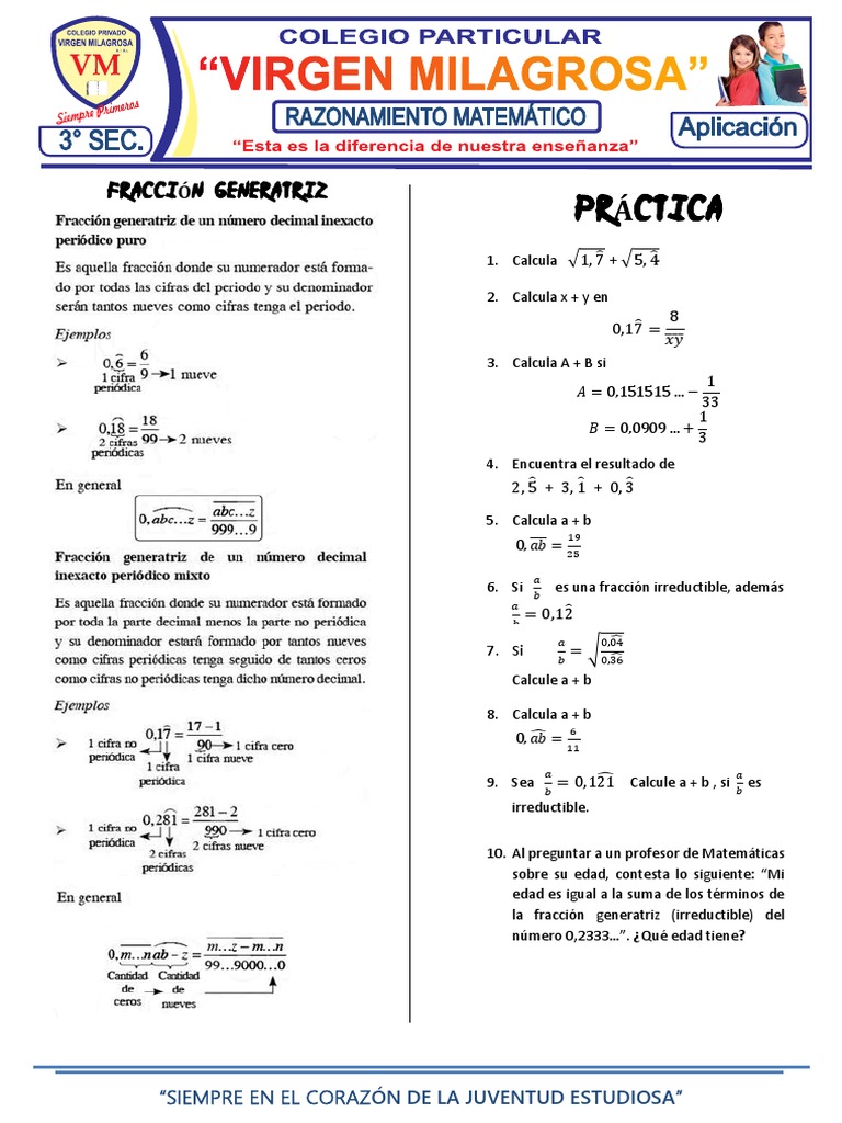 3ro Sec - RM - Fracción Generatriz | PDF | Ajedrez | Enseñanza de matemática