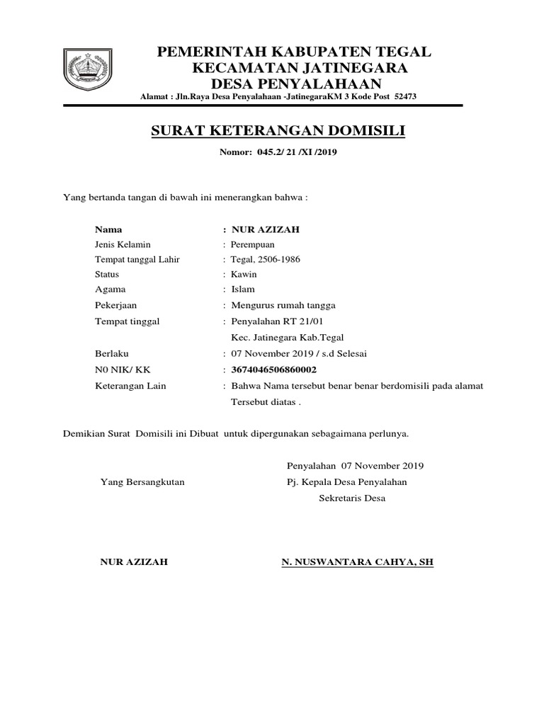 Surat Keterangan Domisili Nur Azizah | PDF