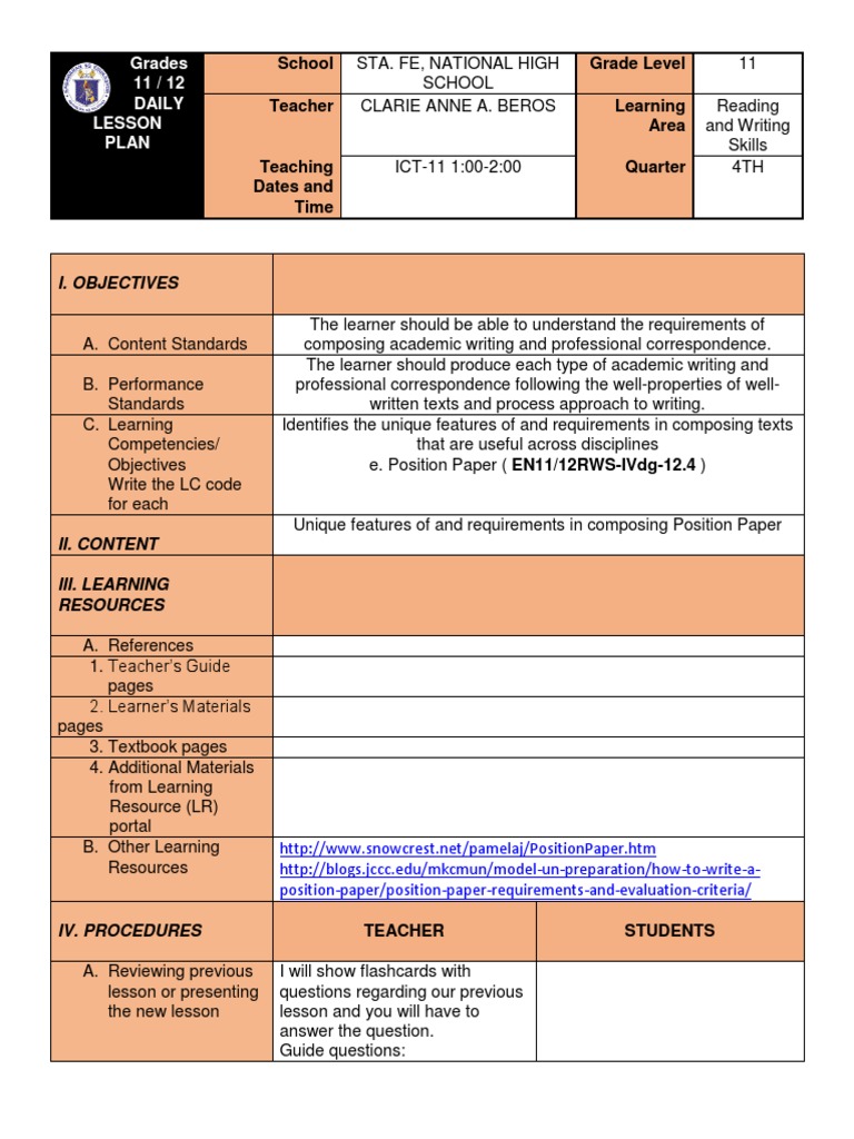 Position Paper Writing Lesson Plan | PDF | Teachers | Argument
