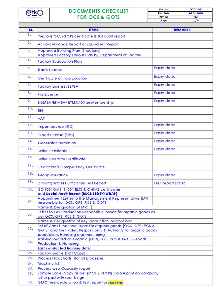 Global Organic Content Standard Checklist PDF | PDF