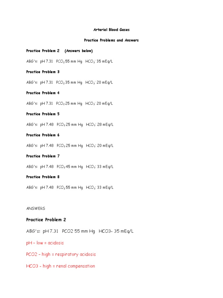 Arterial Blood Gases Practice Problems and Answers | PDF