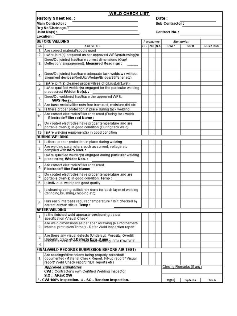 NIP - Weld Check Sheet | PDF | Welding | Construction