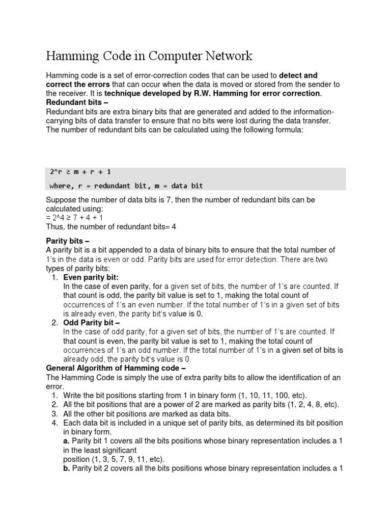 Hamming Code In Computer Network Pdf Error Detection And Correction Bit