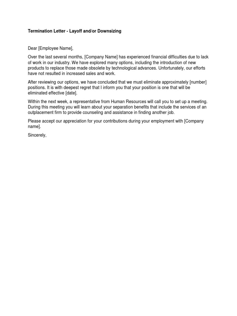 Termination Letter Layoff and or Downsizing | PDF