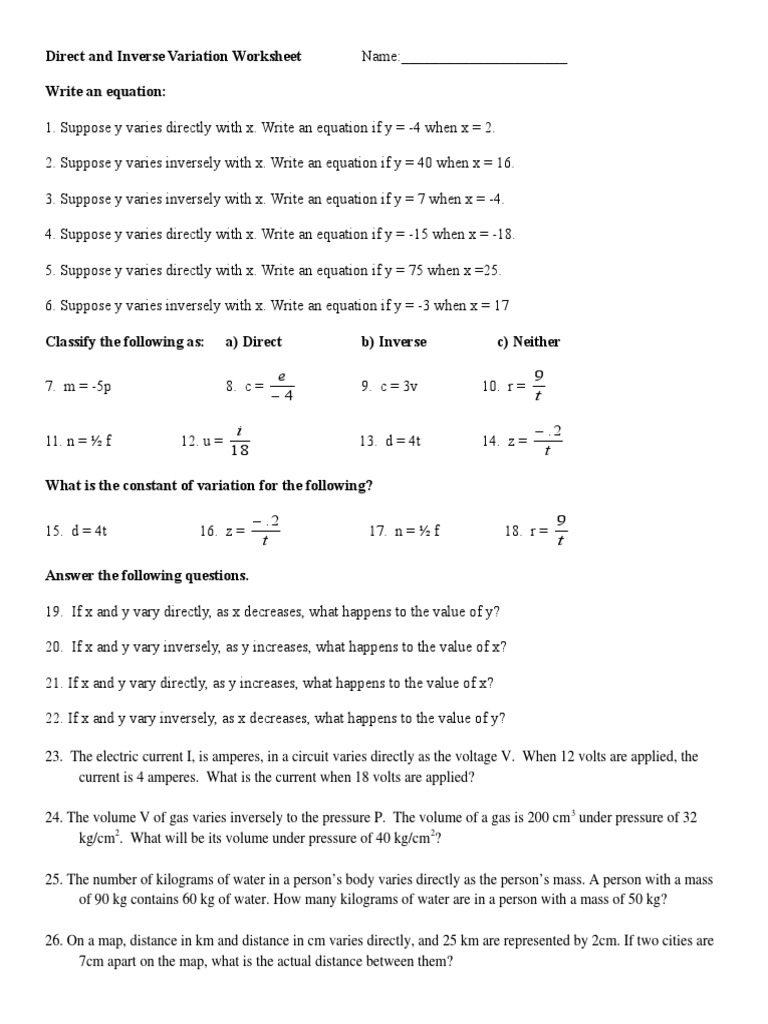Direct and Inverse Variation Worksheet - (SISeaf73d778eab) | PDF | Volt ...