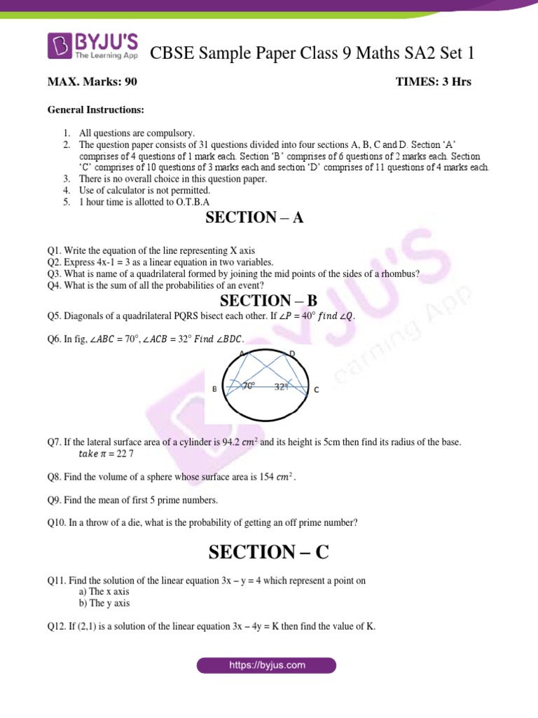CBSE Class 9 Maths Sample Paper SA2 Set 1 | PDF | Area | Geometric Shapes