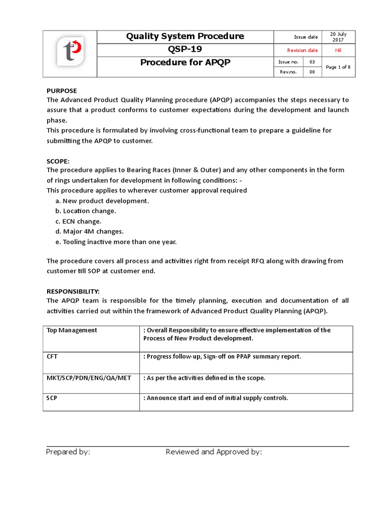 QSP 19 APQP PROCEDURE Feb 2020 | PDF | Specification (Technical Standard) | Verification And ...