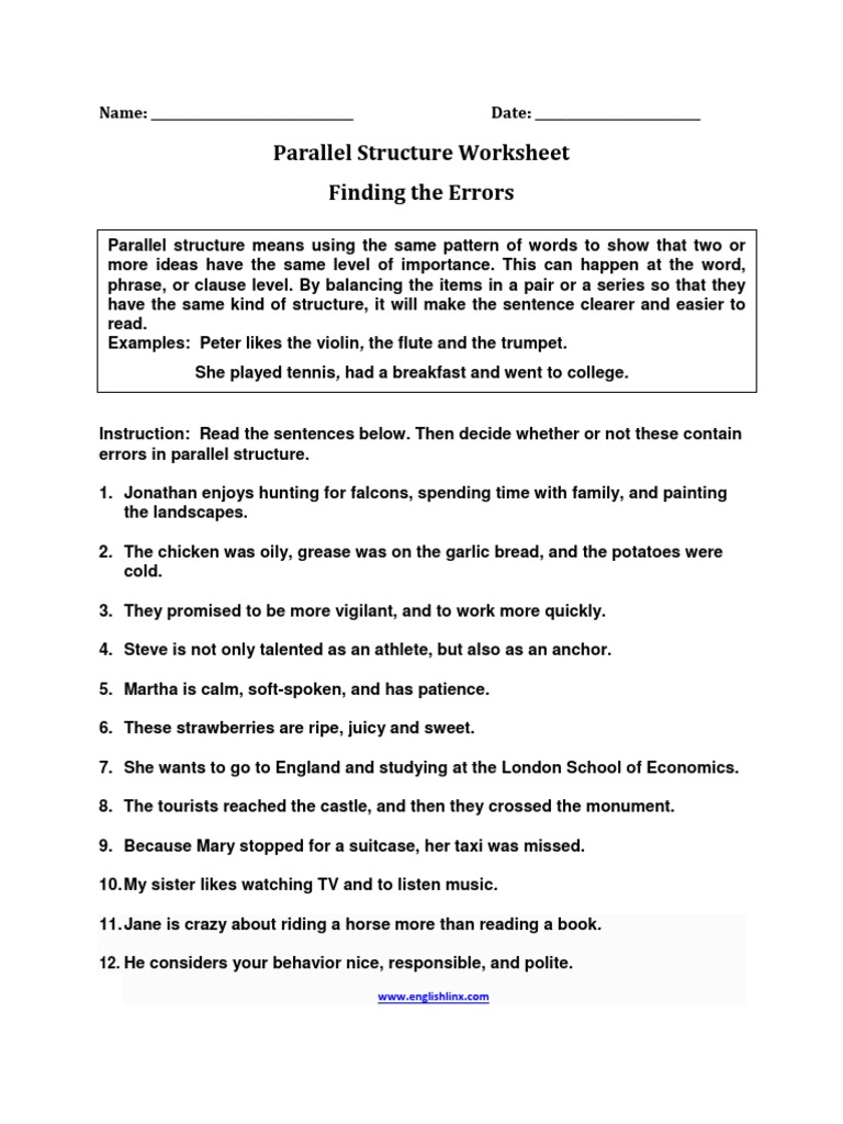 Finding The Errors Parallel Worksheet | PDF | Syntax | Linguistics