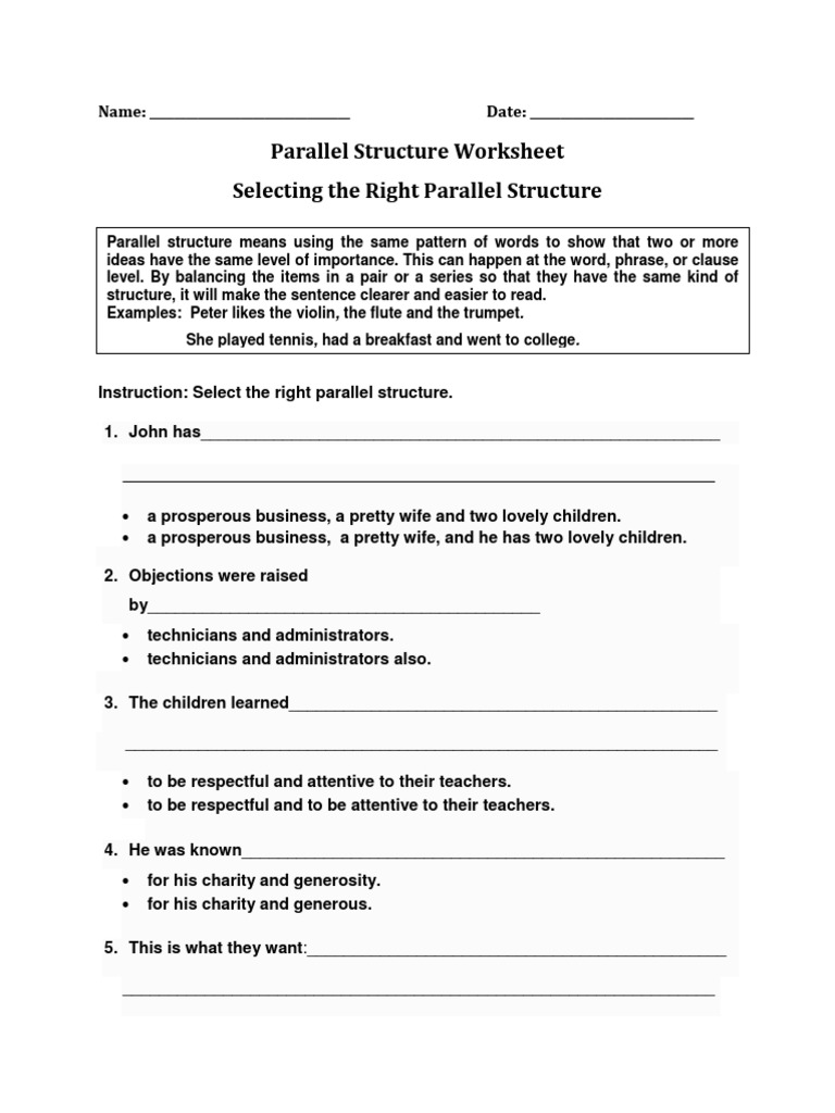 Selecting The Right Parallel Structure Worksheet PDF | PDF | Classroom ...