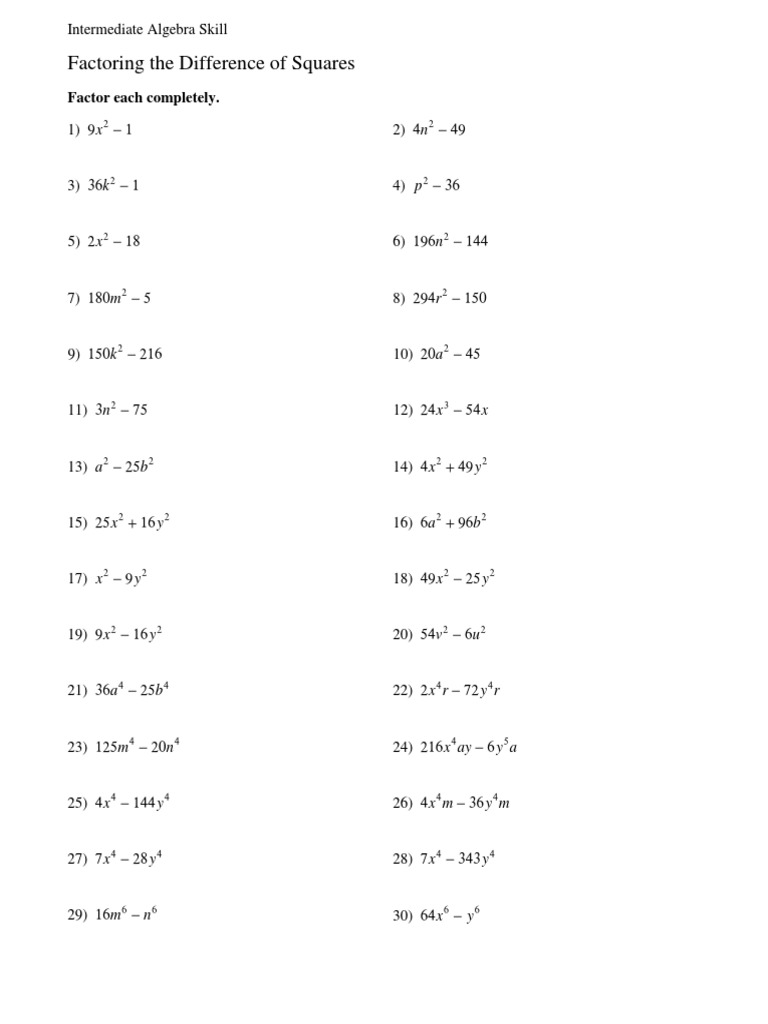 Differnce of Squares Worksheet PDF | PDF