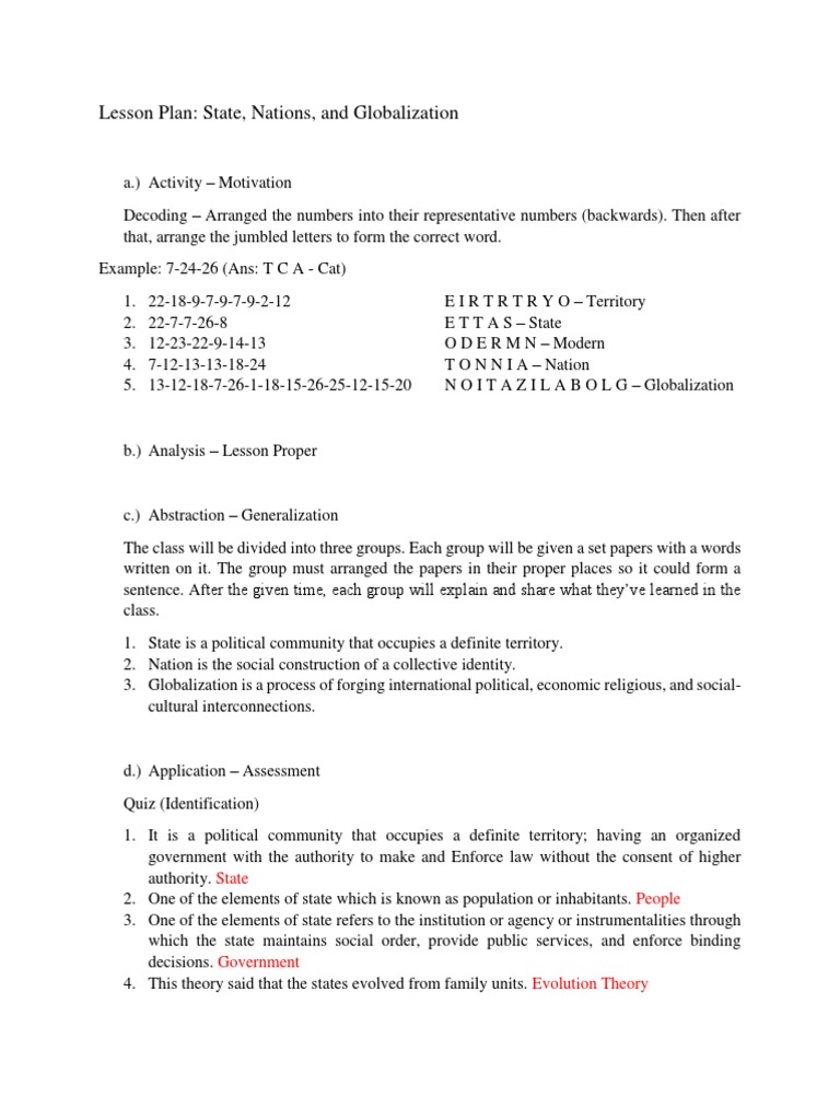 Lesson Plan: State Nations Globalization | PDF | Nation | State (Polity)