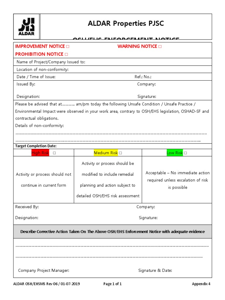 Appendix 4. ALDAR OSH-EHS Enforcement Notice | PDF | Social Institutions | Social Science
