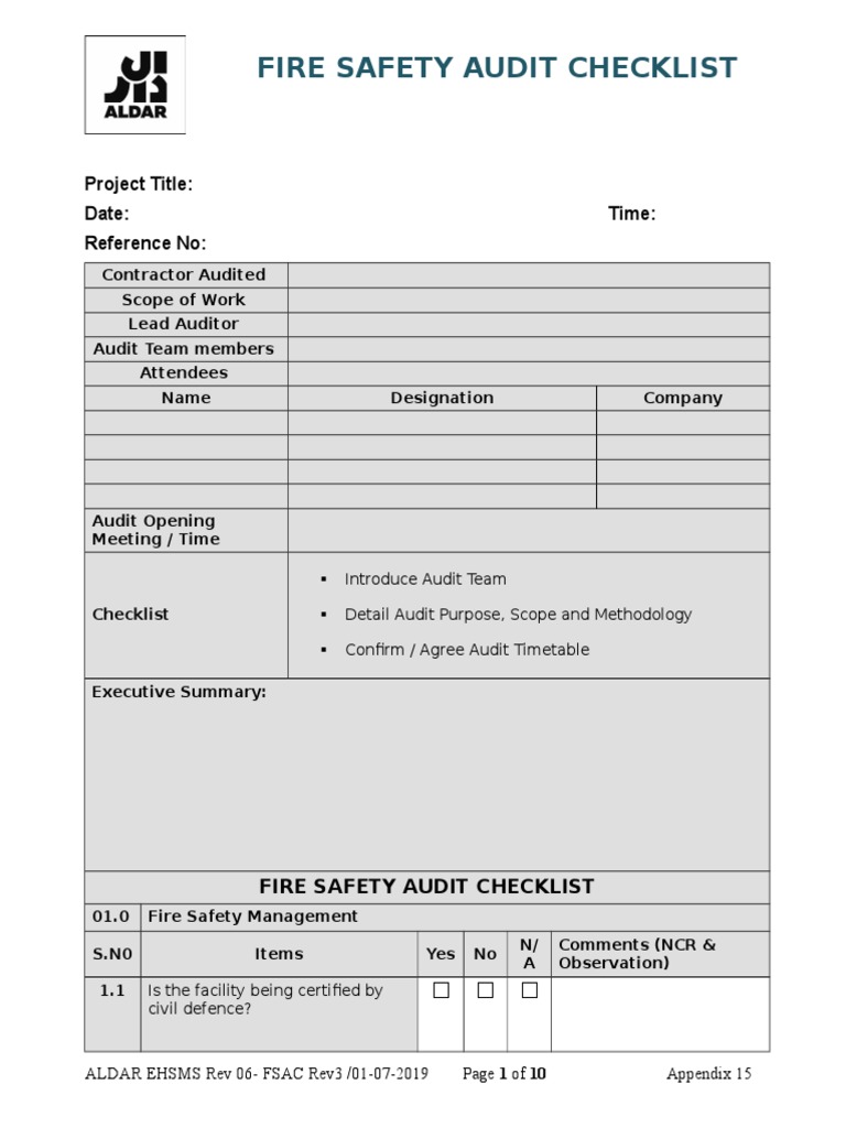Appendix 15. ALDAR Fire Safety Audit Checklist | PDF | Fire Safety ...