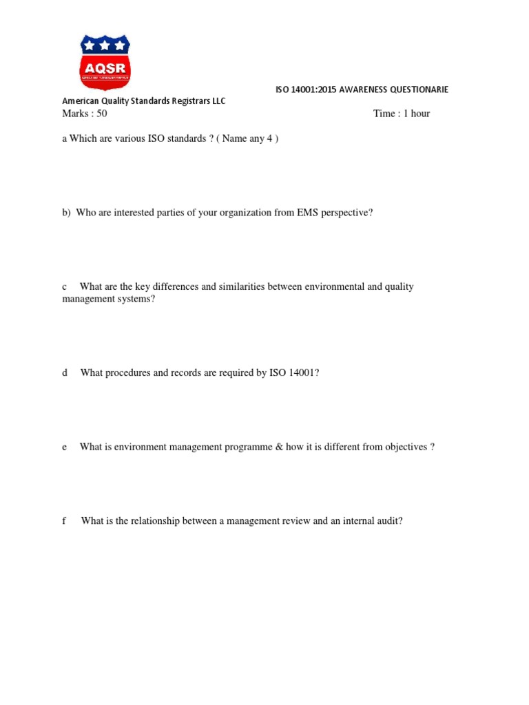 Iso 14001 Exam Paper | PDF