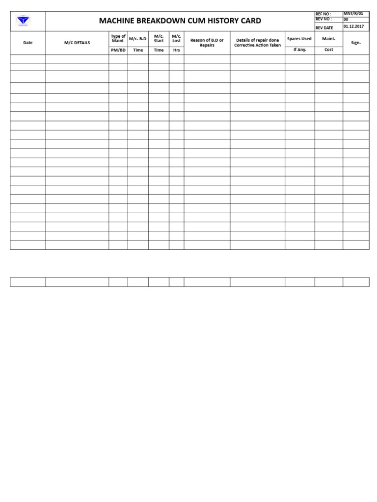 Machine Break Down Cum History Card Record | PDF