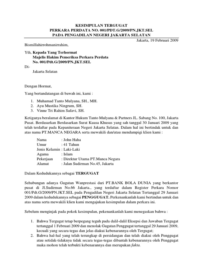 Contoh Kesimpulan Tergugat Wanprestasi (Pengadilan Negeri Jakarta ...