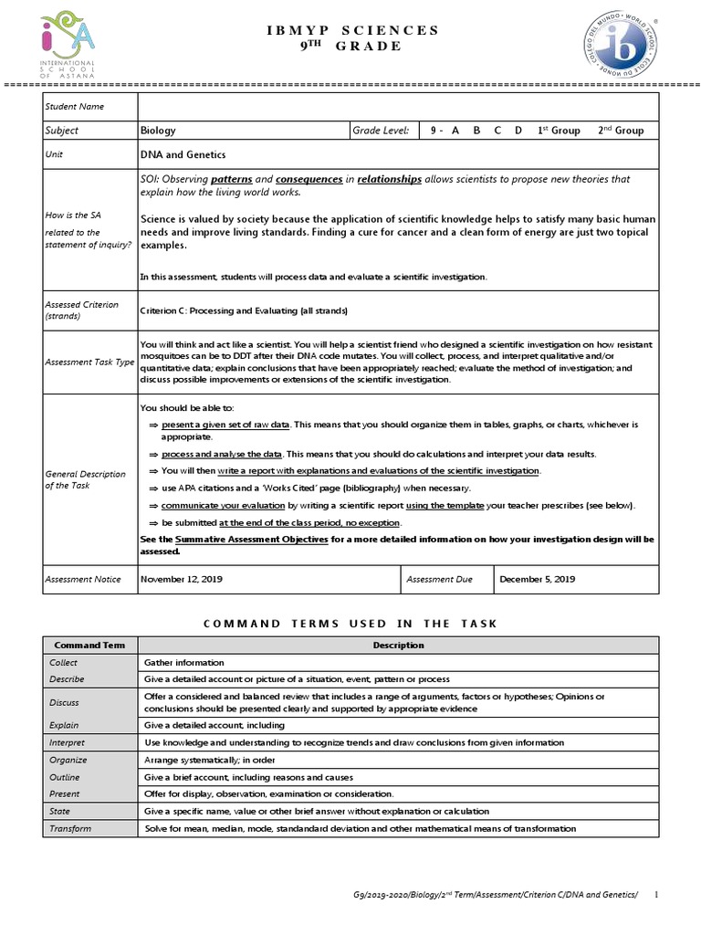 MYP Assessment Criterion C - DNA and Genetics | PDF