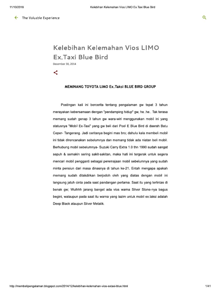 Kelebihan Kelemahan Vios LIMO Ex - Taxi Blue Bird | PDF