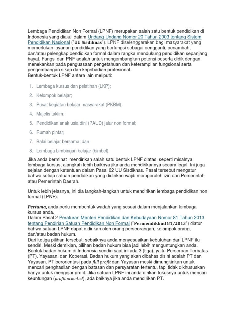 Lembaga Pendidikan Non Formal | PDF
