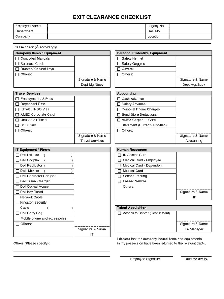 Exit Clearance Checklist Sample | PDF