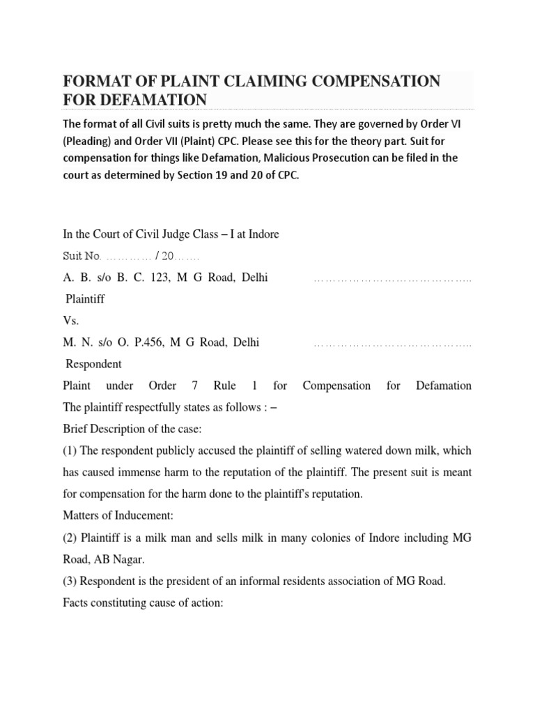 Format of Plaint Claiming Compensation For Defamation | PDF