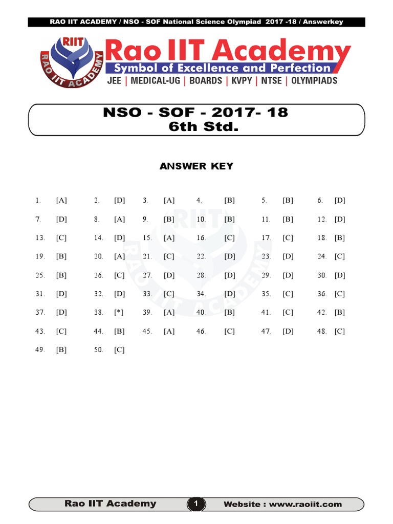 NSO 2017-18 Answer Key for 6th Std. | PDF