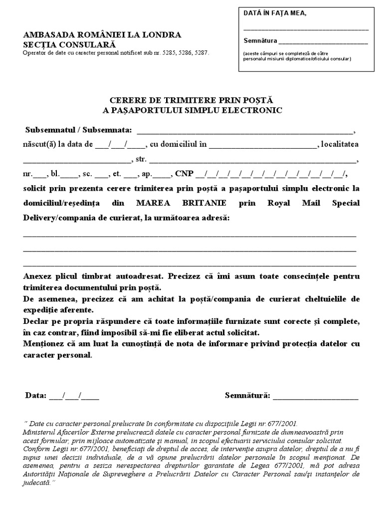 Cerere Trimitere Pasaport Posta 2018 PDF | PDF