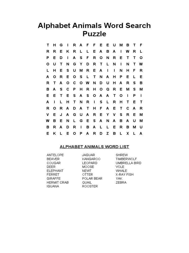 Alphabet Animals Word Search Puzzle | PDF