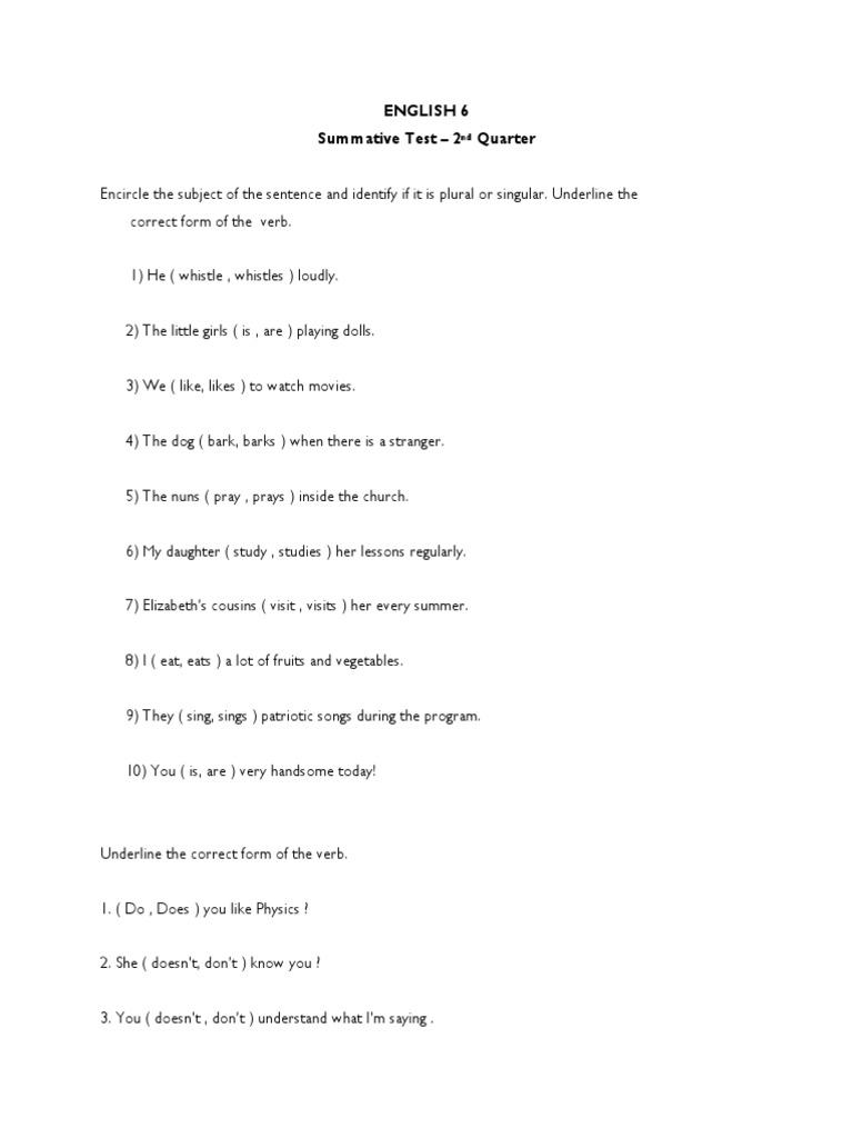 English 6 Summative Test on Subjects & Verbs | PDF