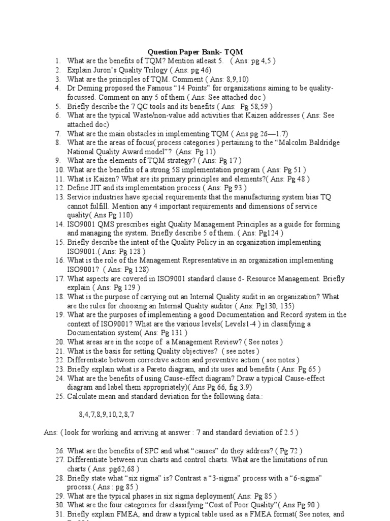 Question Paper Bank For Quality Management | PDF | Iso 9000 | Standard ...