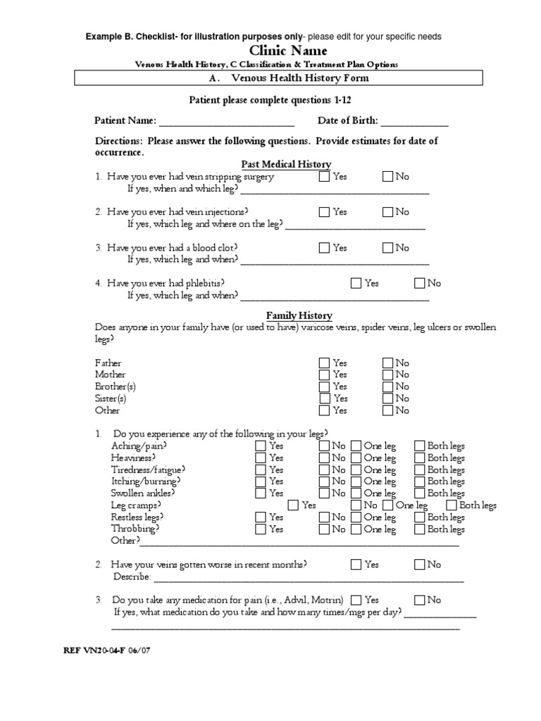 Venous History Form | PDF | Varicose Veins | Vein
