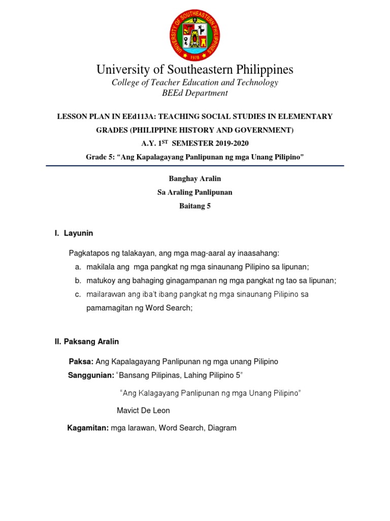 Araling Panlipunan - Detailed Lesson Plan - Grade5 Ang Kapalagayang Pang Lipunan NG Mga Unang ...