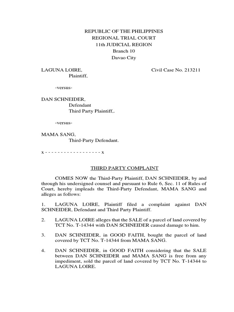 Third Party Complaint: Schneider vs. Sang | PDF | Law