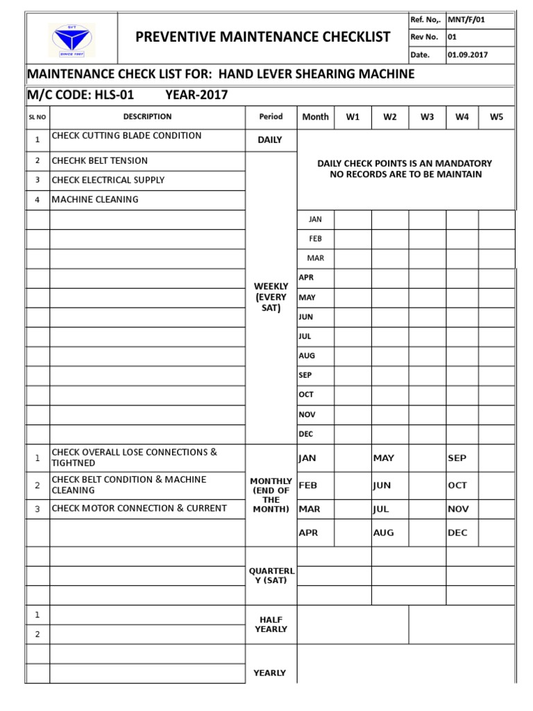 Preventive Maintenance Checklist (HLS-01) | PDF