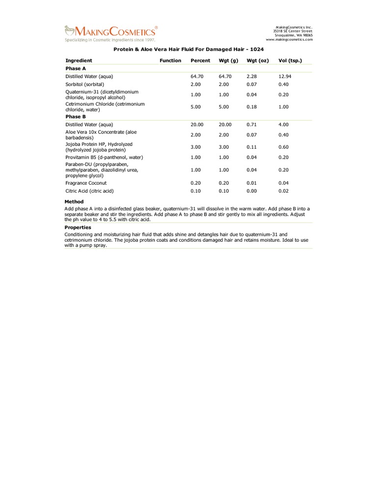 Formula 1024 Protein Aloe Vera Hair Fluid Damaged Hair | PDF
