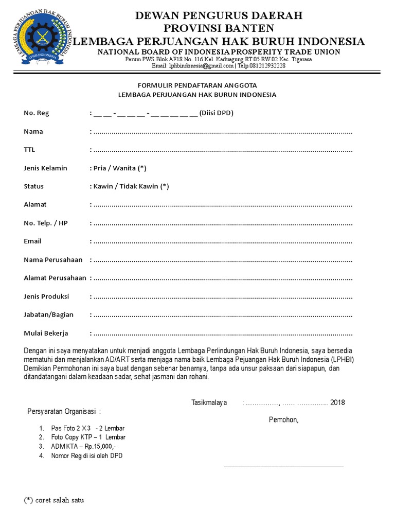 Contoh Formulir Pendaftaran Calon Anggota Organisasi | PDF