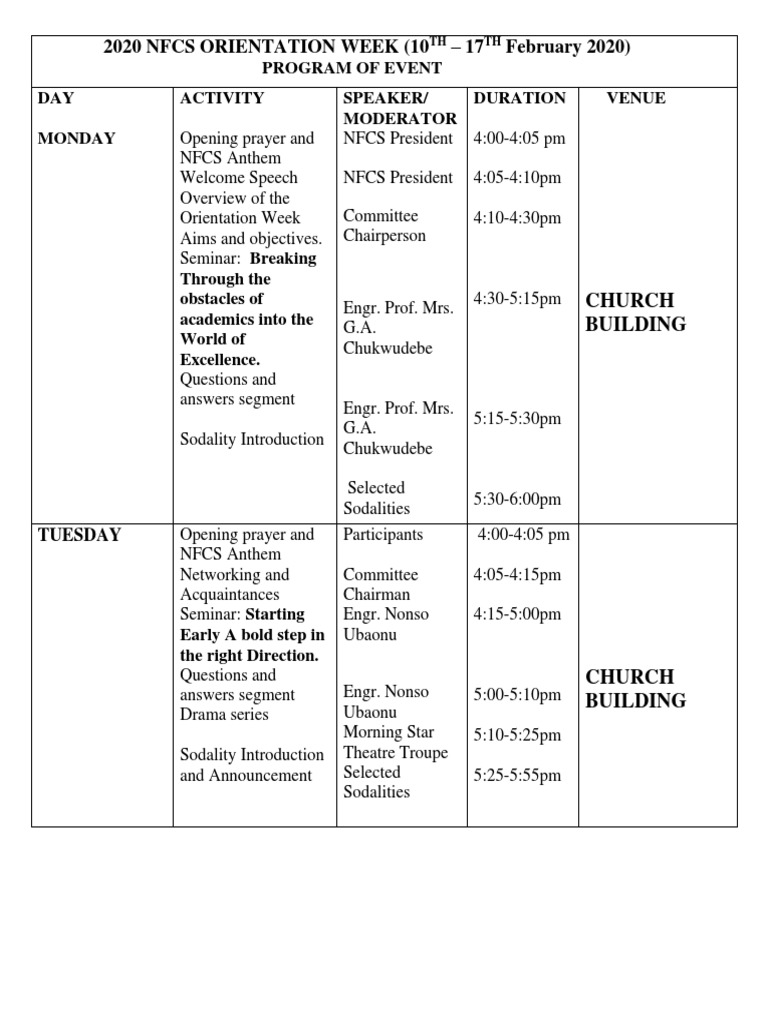 NFCS ORIENTATION WEEK Program | PDF