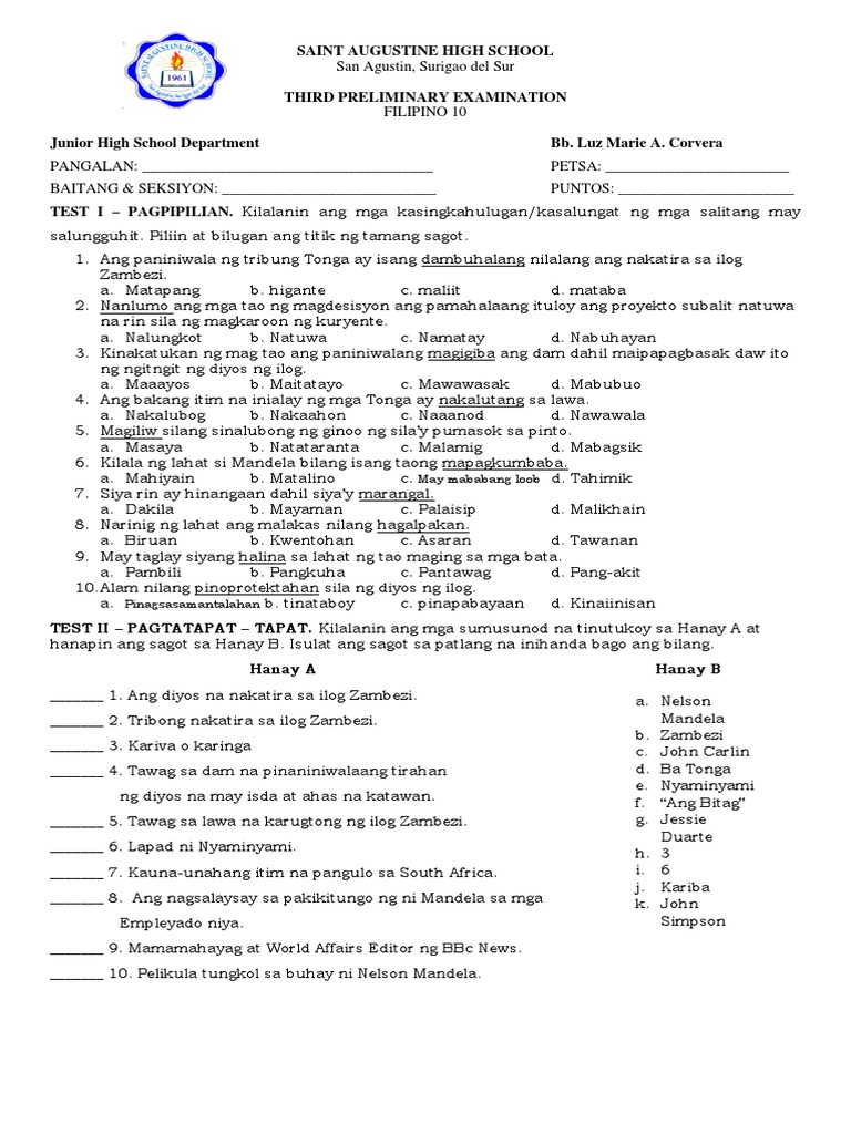 Filipino 10 Exam | PDF